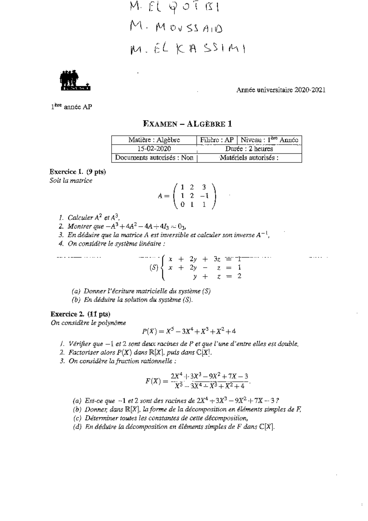 Examen 1AP Algèbre S1 2020-2021 - Exercice et Solutions - Studocu