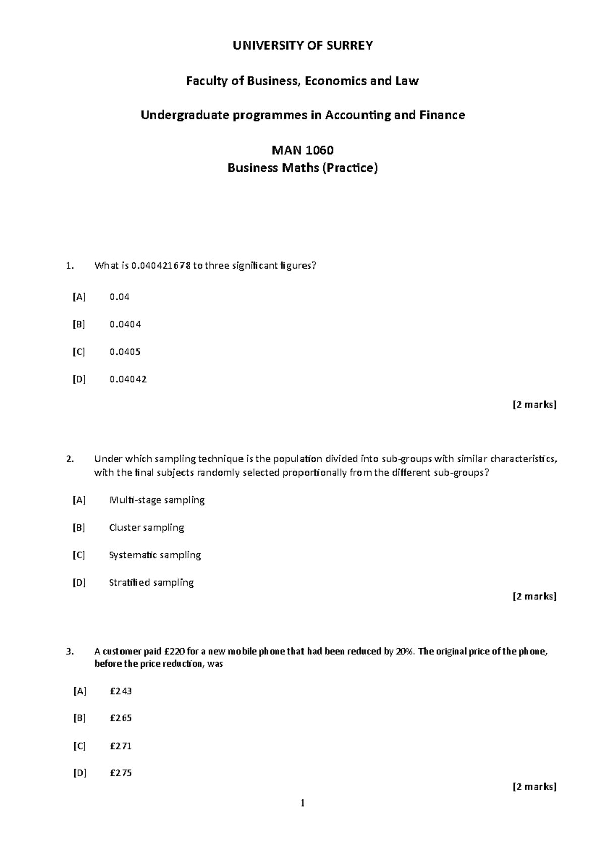 Week 1 practice - UNIVERSITY OF SURREY Faculty of Business, Economics and Law Undergraduate ...