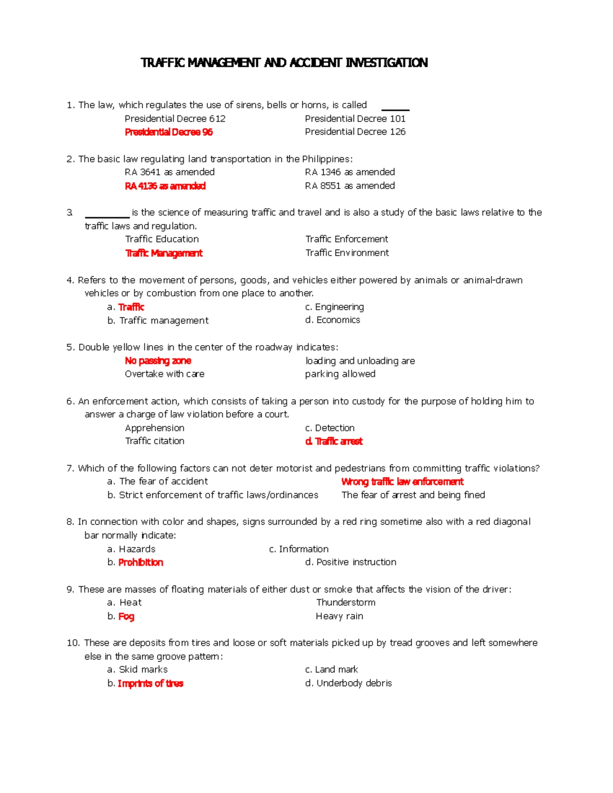 CDI 2 FINAL EXAM - Traffic Management & Accident Investigation - Studocu