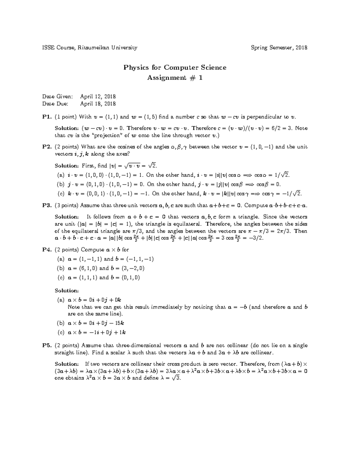 ISSE 101: Physics for Computer Science, Assignment 1 Solutions - Studocu