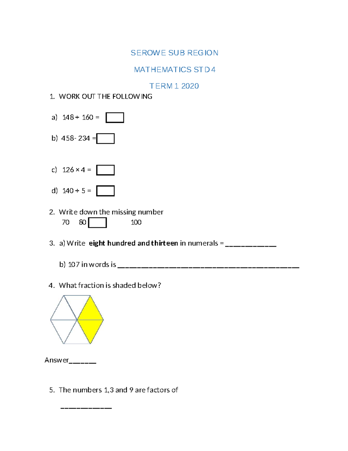 STD 4 TERM 1 2020 MATHEMATICS PAST PAPER QUESTIONS - Studocu