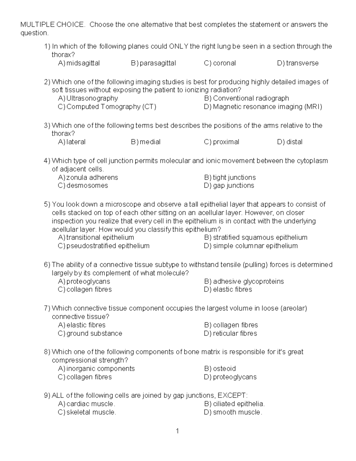 ANA200H 2025 Theoretical Sample Test: Multiple Choice Questions - Studocu