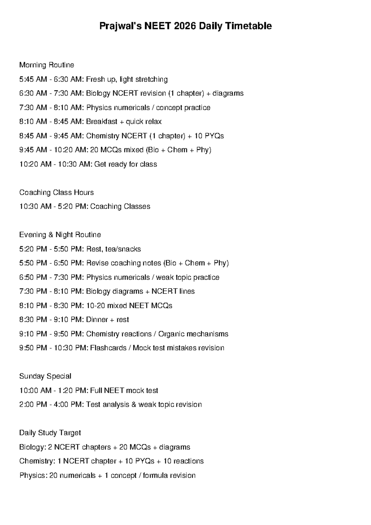 NEET 2026 Daily Study Timetable: Morning & Evening Routine - Studocu