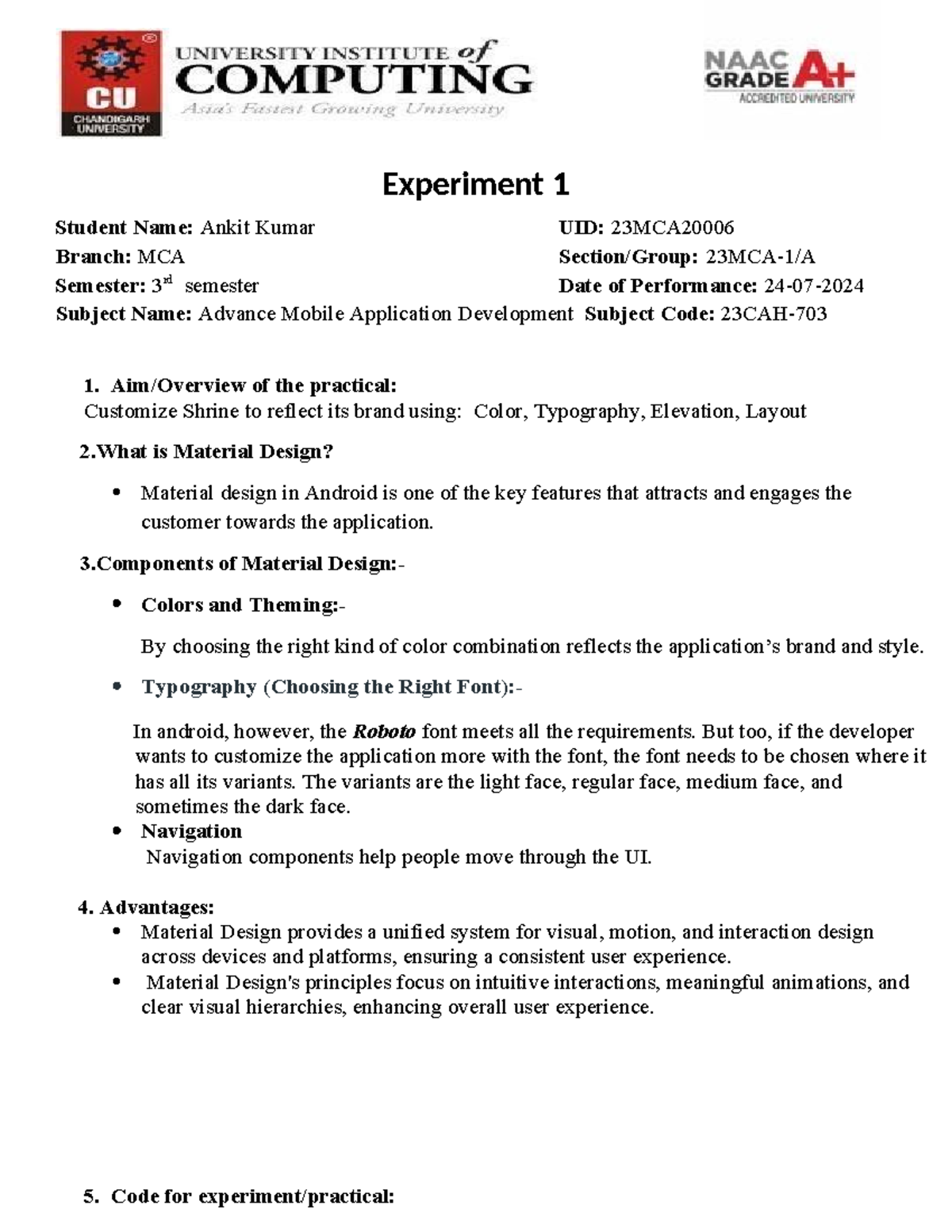 Mad exp 8 - Mobile Application - Experiment 1 Student Name: Ankit Kumar UID: 23MCA Branch: MCA ...
