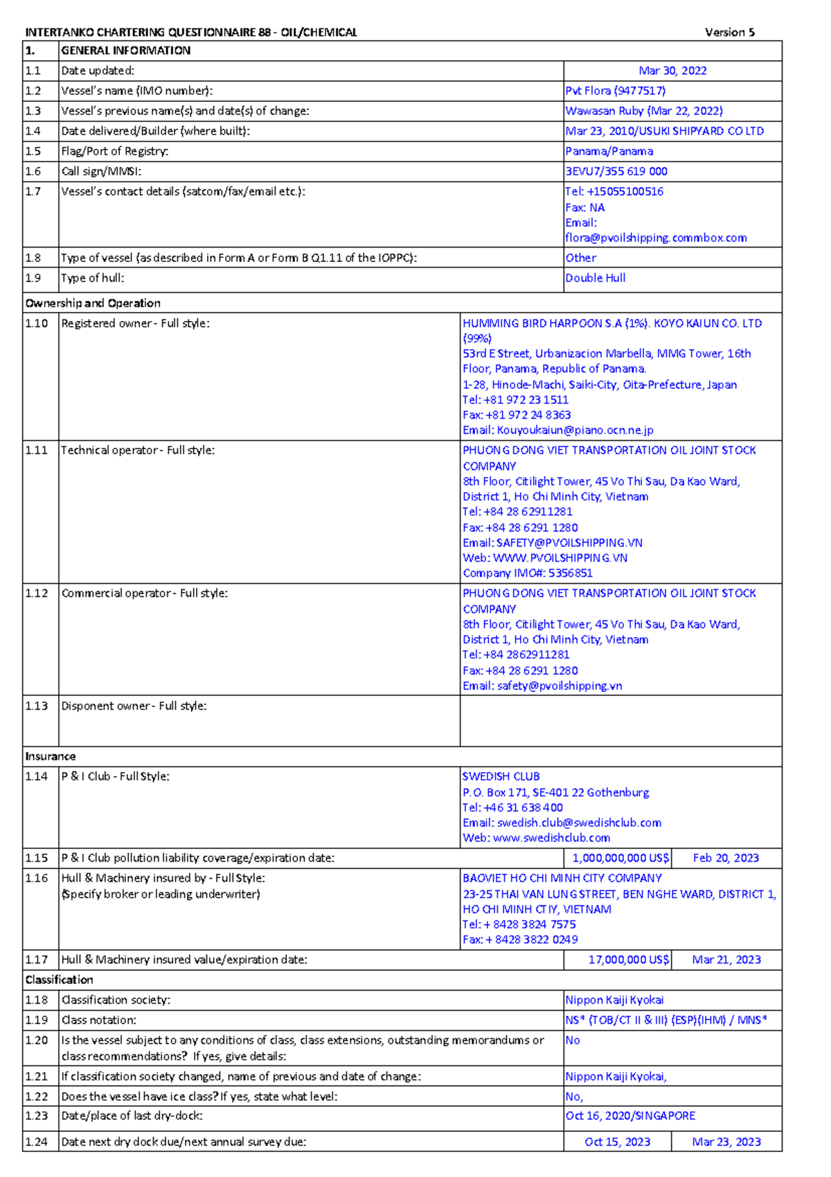 Revised INTERCARGO Q88 Questionnaire for Pvt-Flora (Oil/Chemical) - Studocu