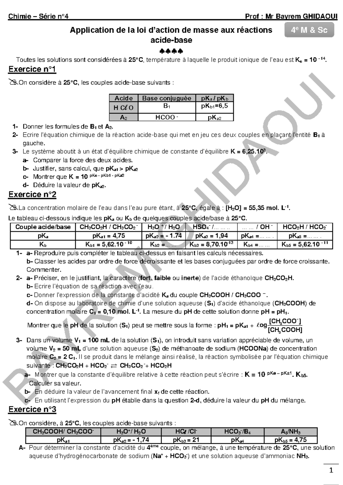 Exercices sur les Réactions Acide-Base en Chimie - Série 4 (Prof ...
