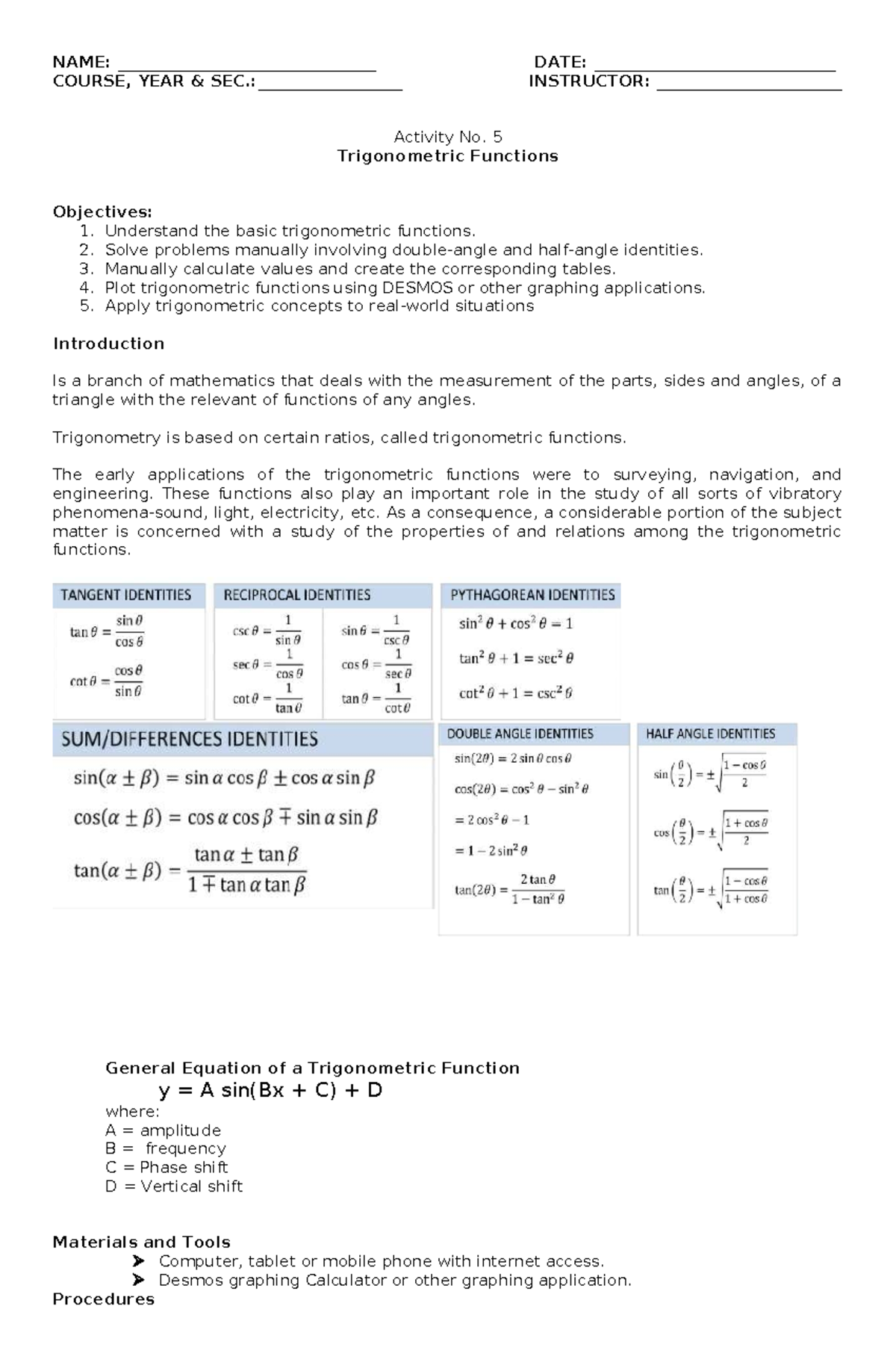 Emath 0 Activity 5: Exploring Trigonometric Functions and Graphs - Studocu