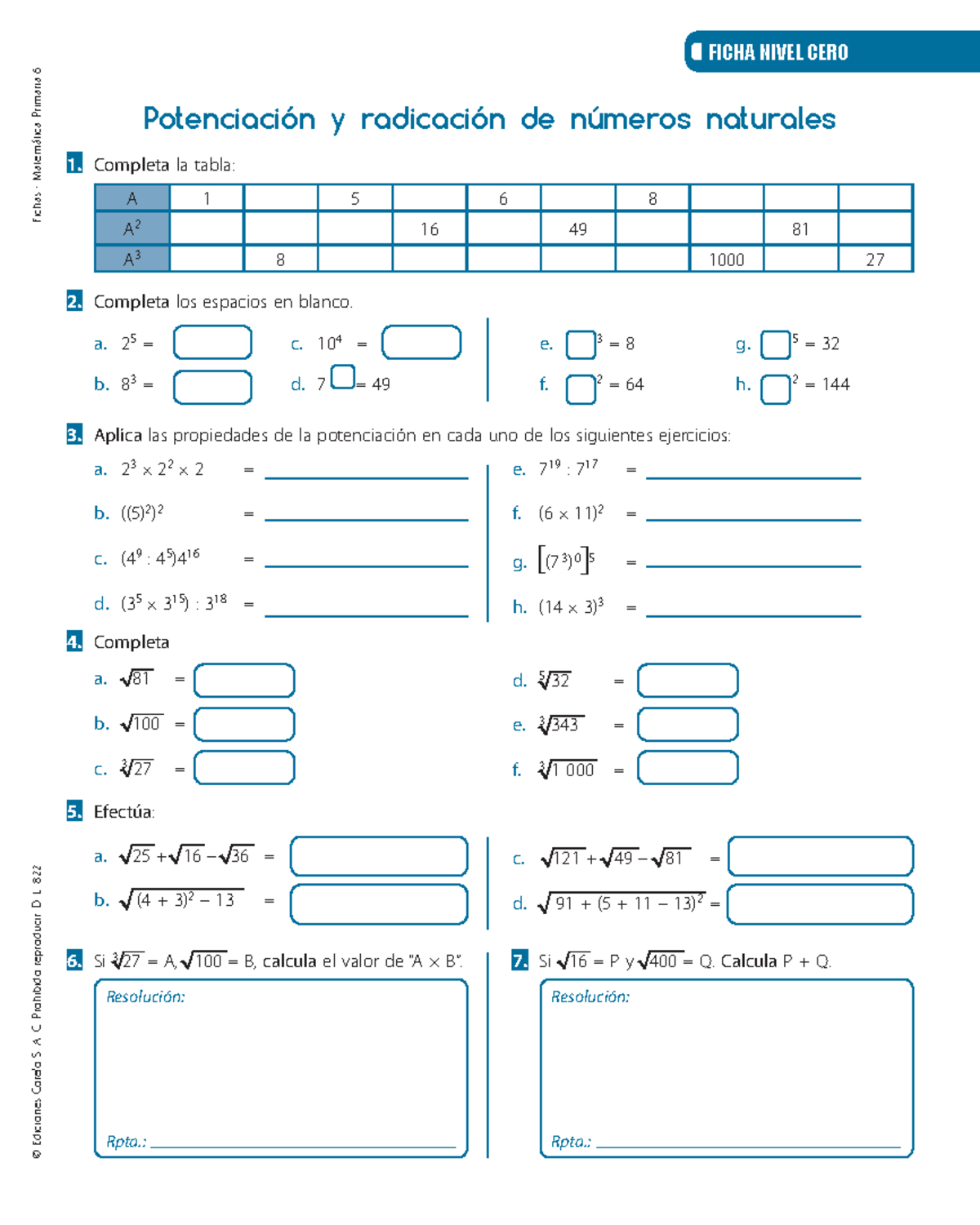 F0 Potenciación y radicación de números naturales - Fichas - Matemática Primaria 6 © Ediciones ...