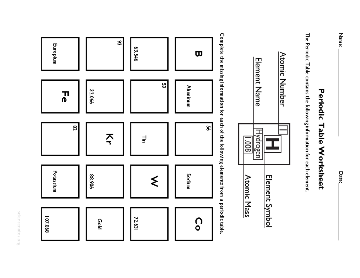 Periodic Table Worksheet: Element Information Completion - Studocu
