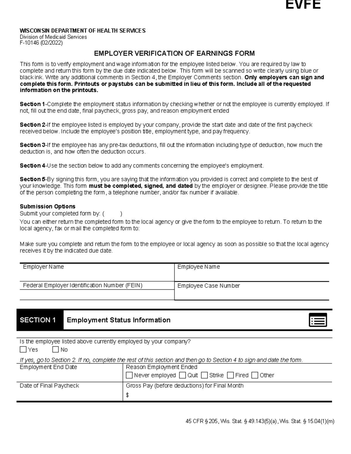 EVFE Employer Verification of Earnings Form - Wisconsin DHS - Studocu
