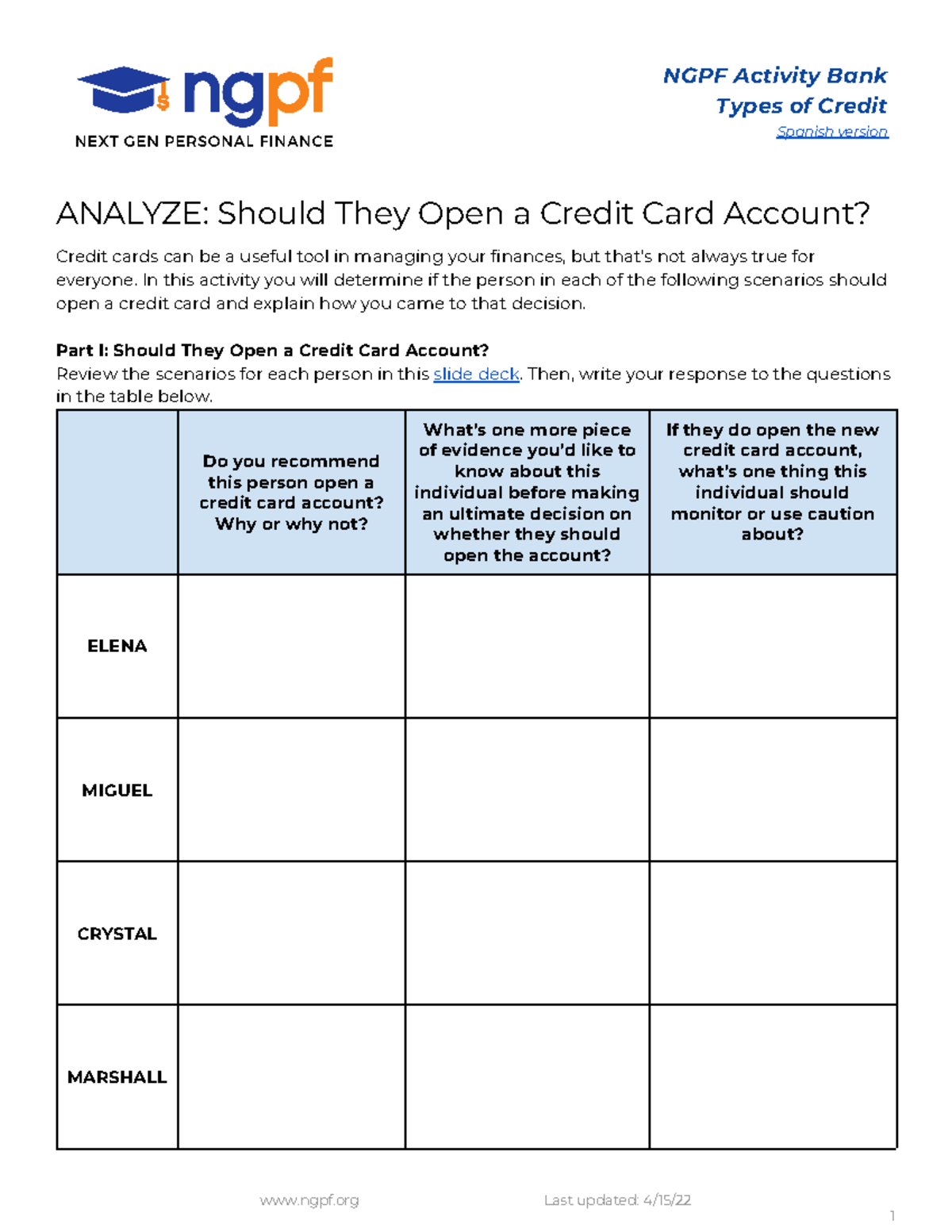 740478 NGPF Activity: Credit Card Account Analysis and Profiles - Studocu