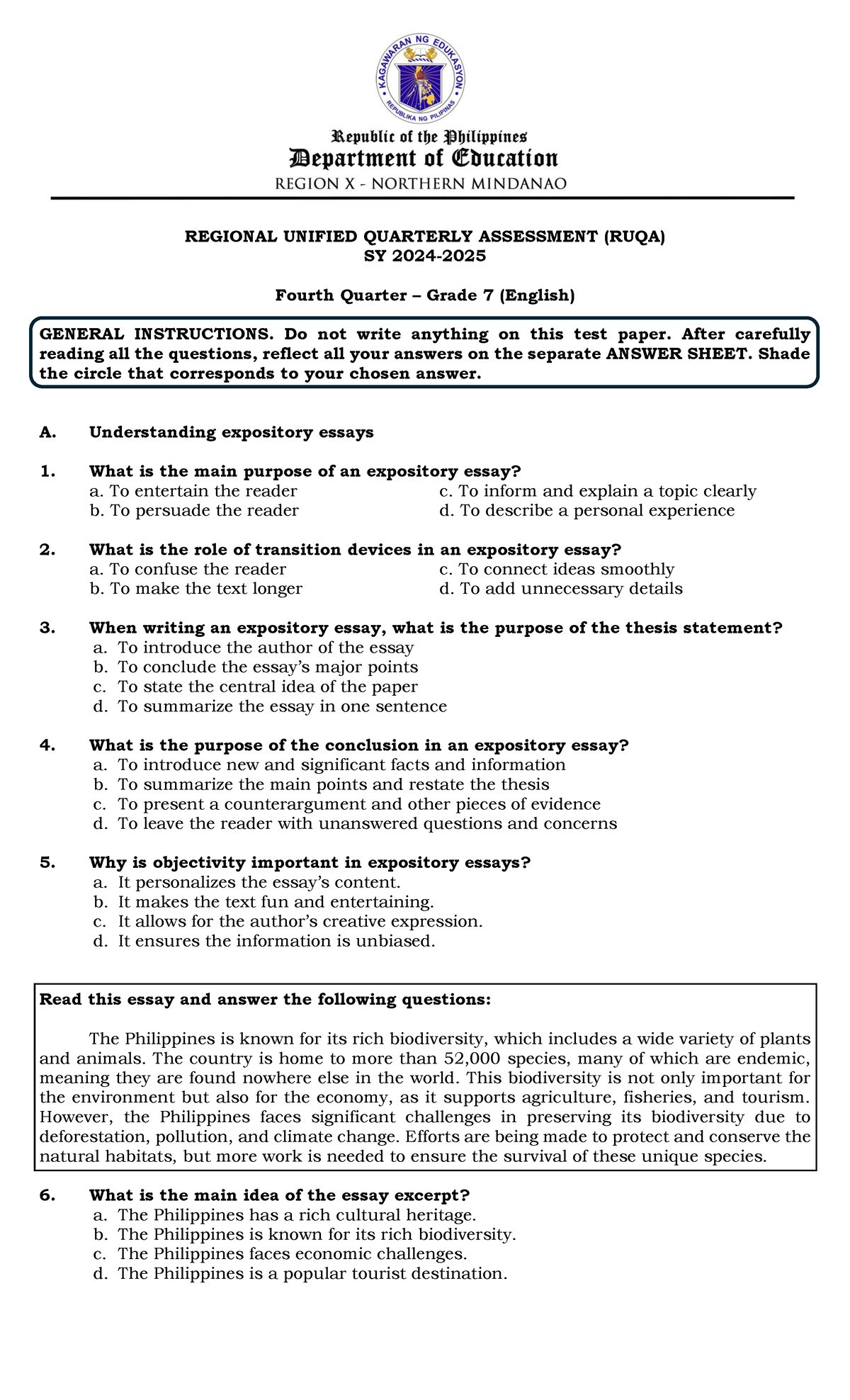 English 7 Q4 - RUQA Final Assessment on Expository Essays and Writing ...