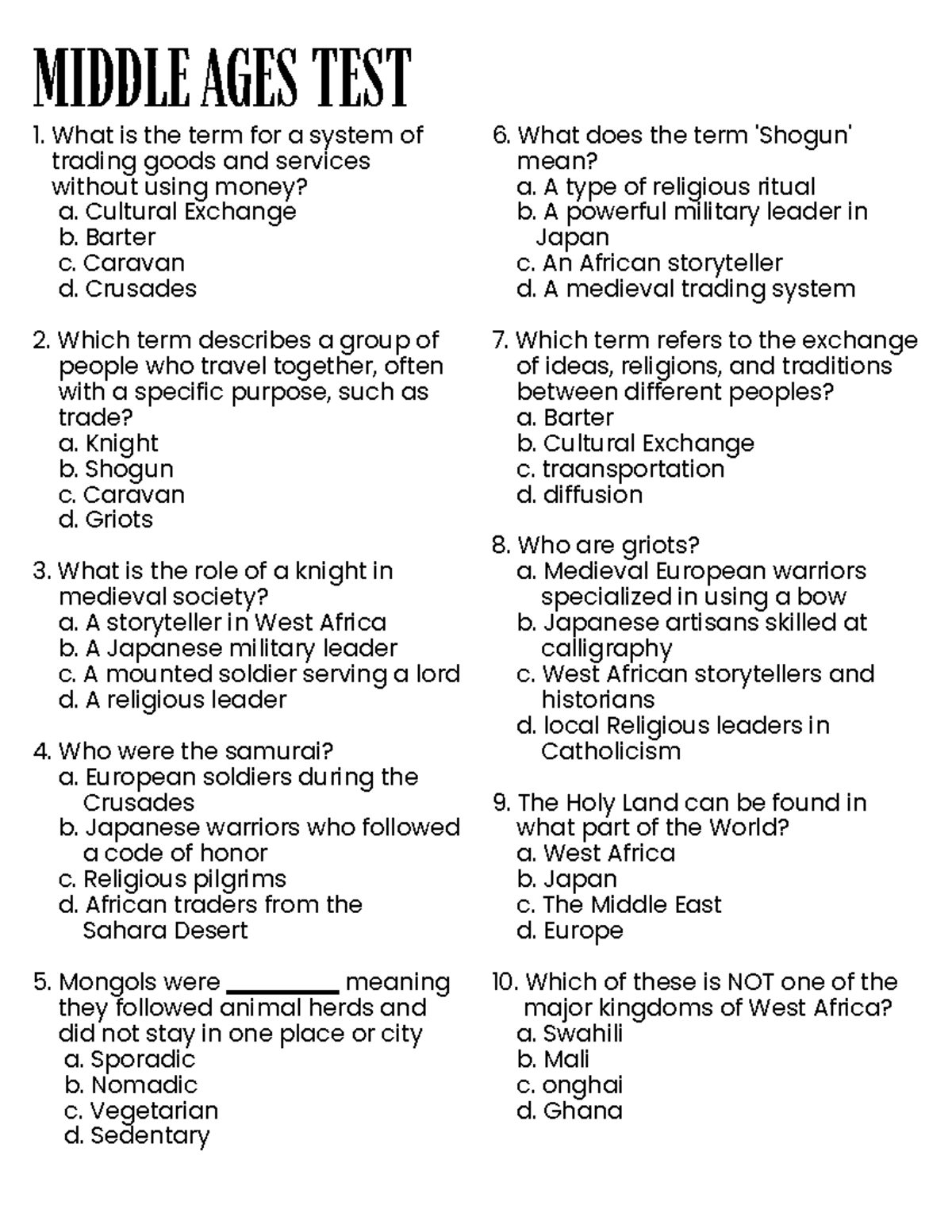 HIST101 - Middle Ages Quiz: Key Concepts & Terminology Review - Studocu