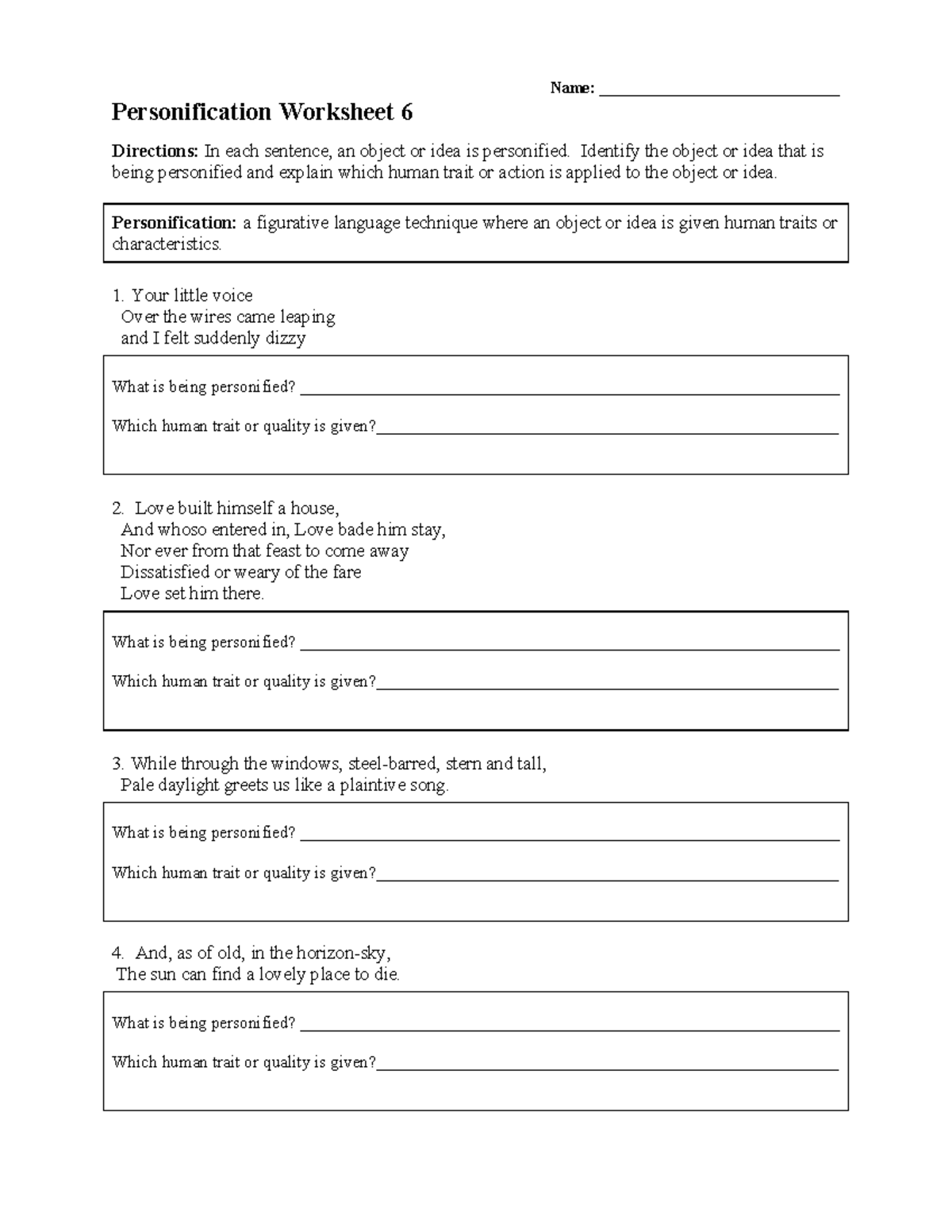Personification Worksheet 6: Identifying Human Traits in Objects - Studocu