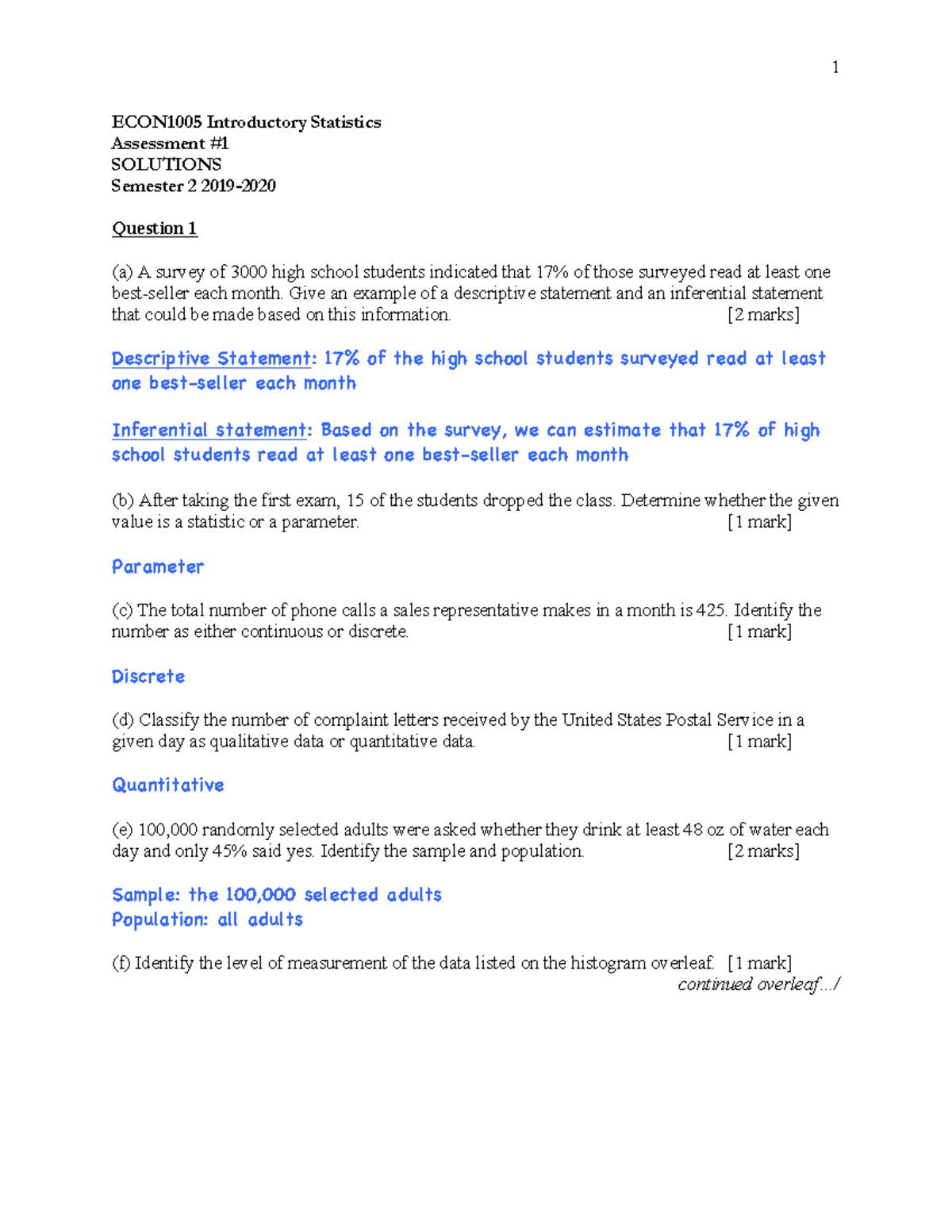 Assessment #1 Solutions - ECON1005 Introductory Statistics Assessment # SOLUTIONS Semester 2 ...