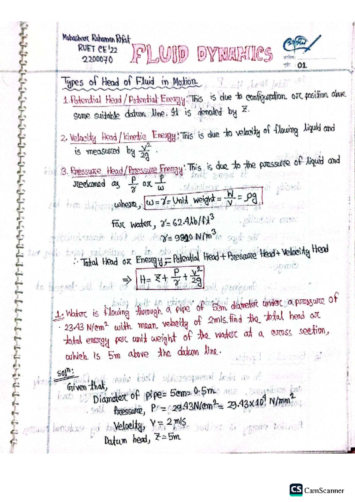 Fluid Dynamics RUET CE: Types of Fluid Head and Energy Calculations ...
