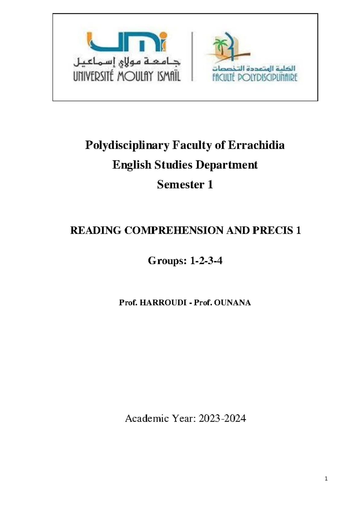 Handout- Reading Comprehension 1 S1 (2023-2024) - Polydisciplinary ...