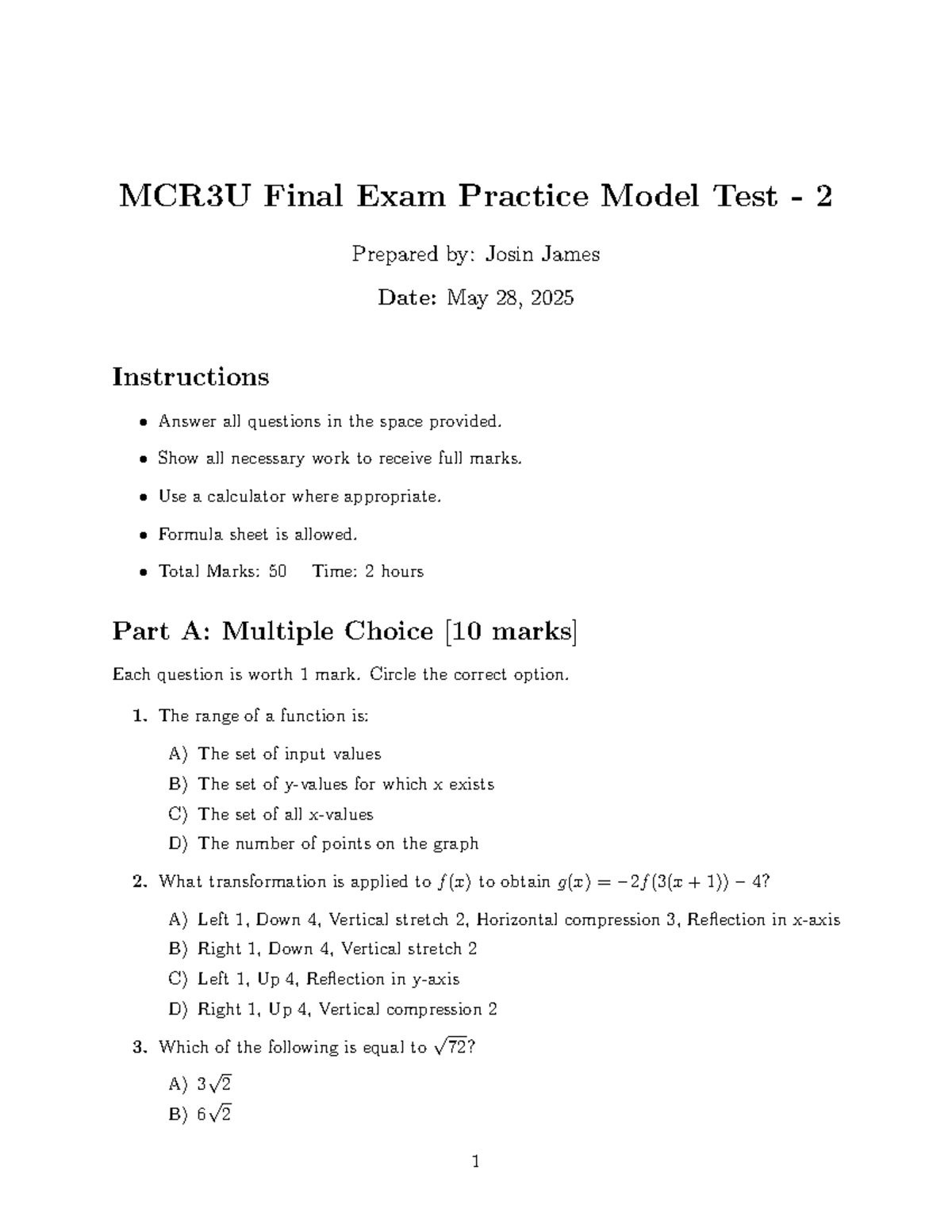 MCR3U Final Exam Practice Model Test 2 - Josin James - Studocu