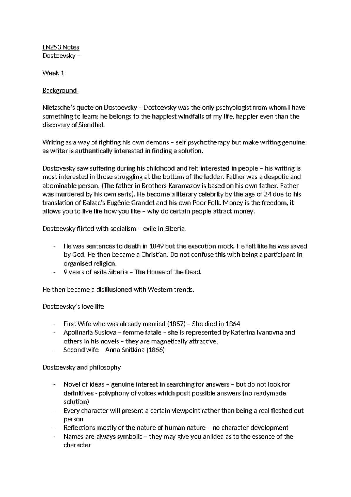 LN253 Notes: Dostoevsky and Kafka - Week 1 to Week 10 Overview - Studocu