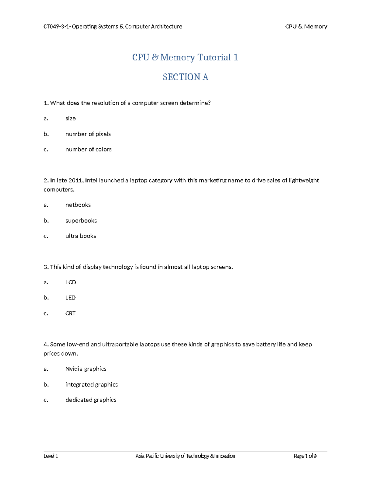 Operating Systems CPU Memory Tutorial 1: Key Concepts & Questions - Studocu