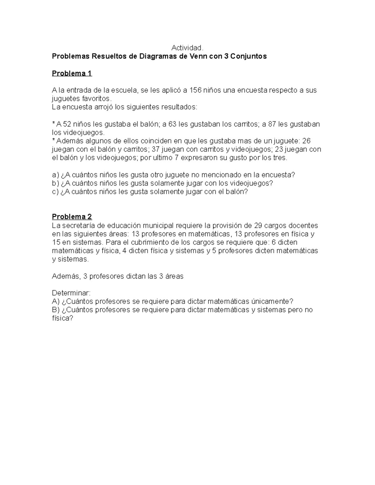 Actividad matematicas - Actividad. Problemas Resueltos de Diagramas de Venn con 3 Conjuntos ...