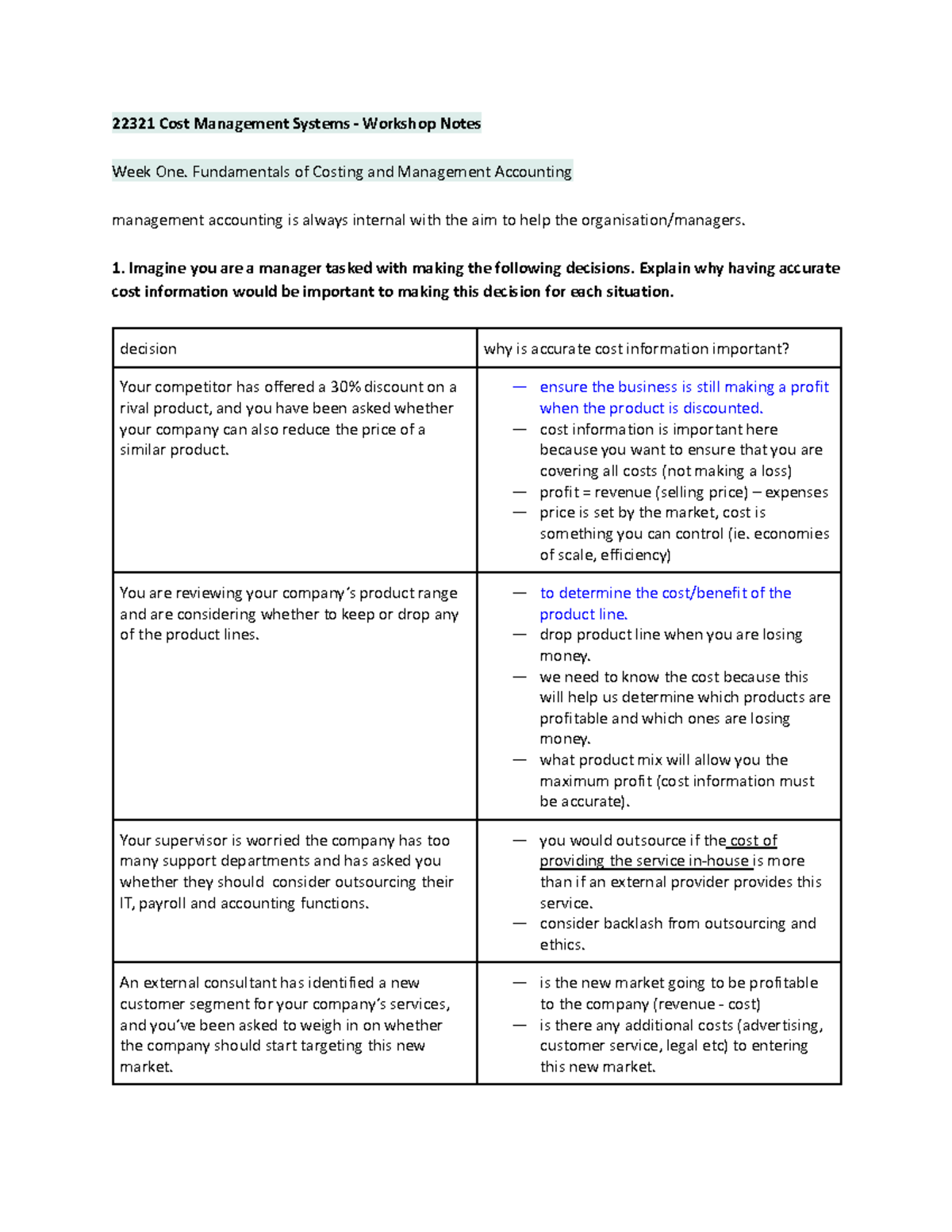 22321 Cost Management Systems - Workshop 1: Costing Fundamentals - Studocu