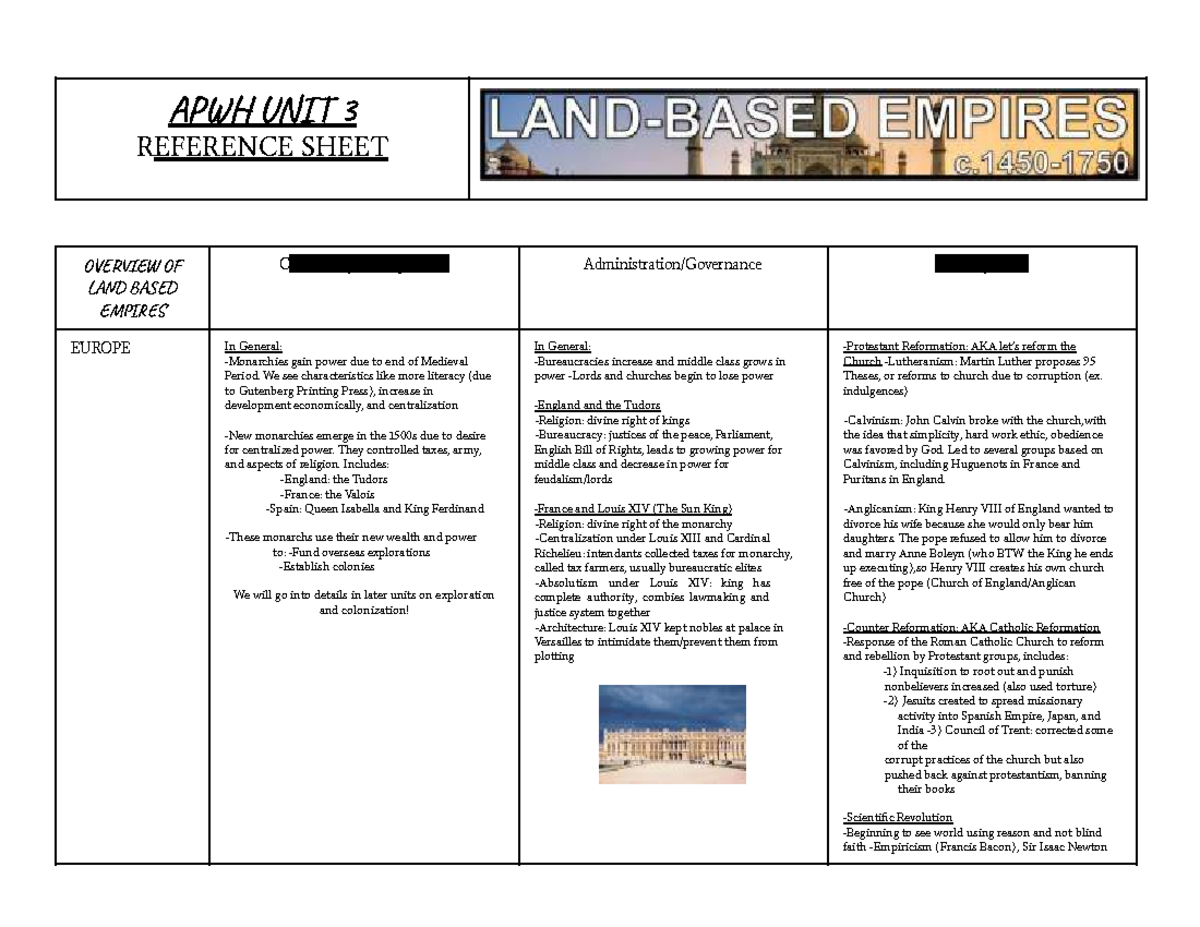 APWH UNIT 3 Cheat Sheet: Overview of Land-Based Empires - Studocu