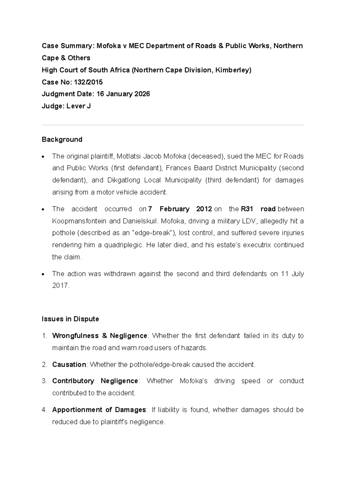 Case Summary: Mofoka v MEC Roads & Public Works - High Court NC - Studocu