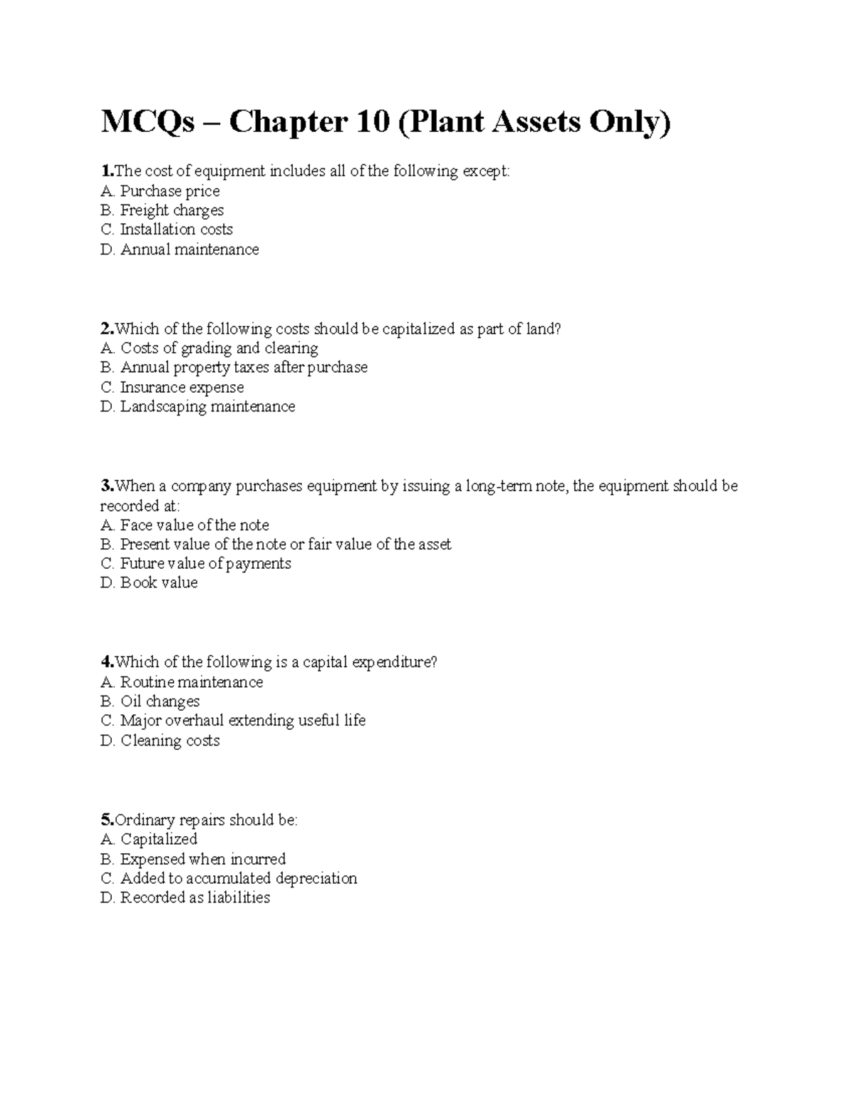 Accounting Quiz MCQs: Chapter 10 (Plant Assets Only) - Studocu