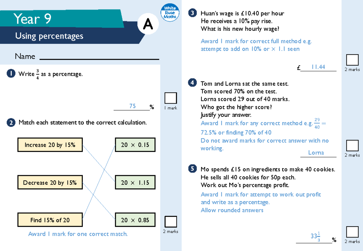 Year 9 B2 Using Percentages Assessment Answers - Studocu
