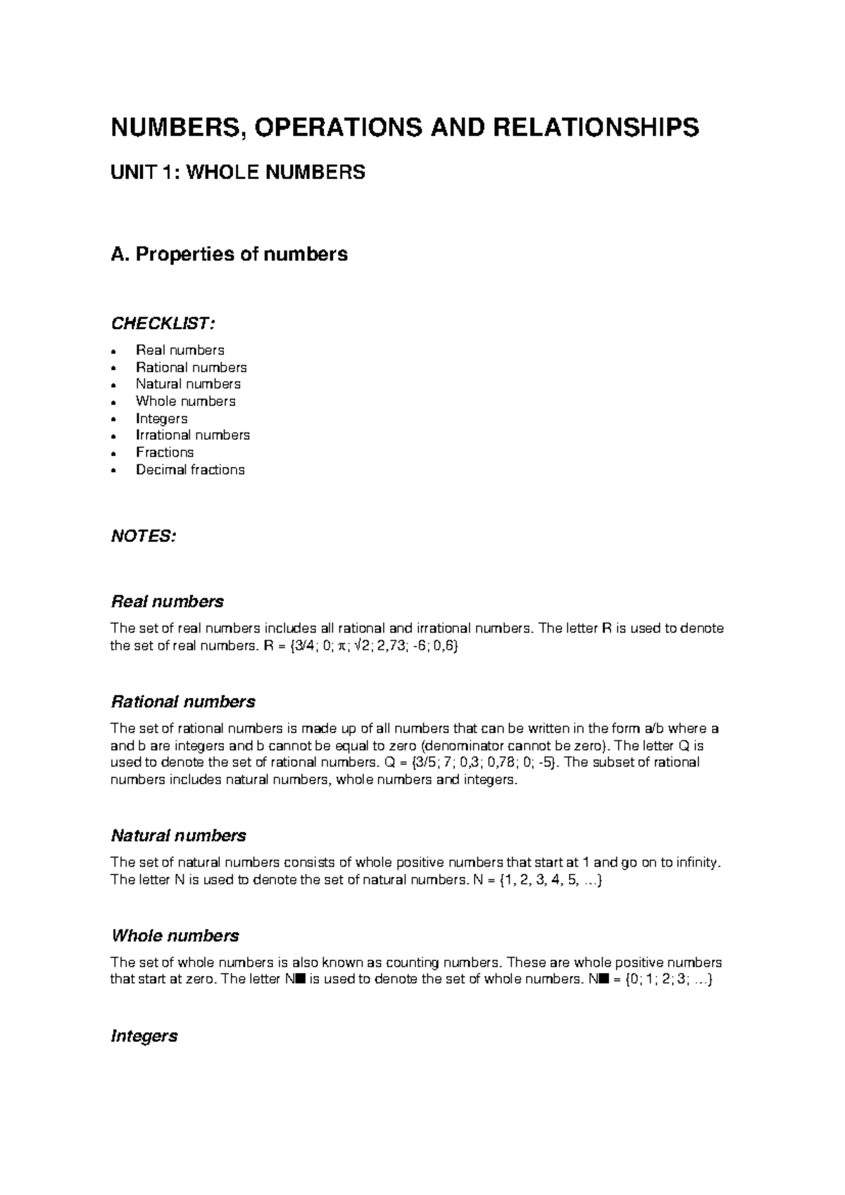 NUMBERS, OPERATIONS AND RELATIONSHIPS UNIT 1: WHOLE NUMBERS NOTES - Studocu