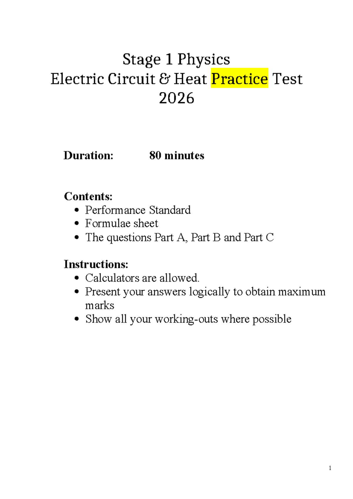 St1 Physics Electric Circuit & Heat Practice Test 2026 - Studocu