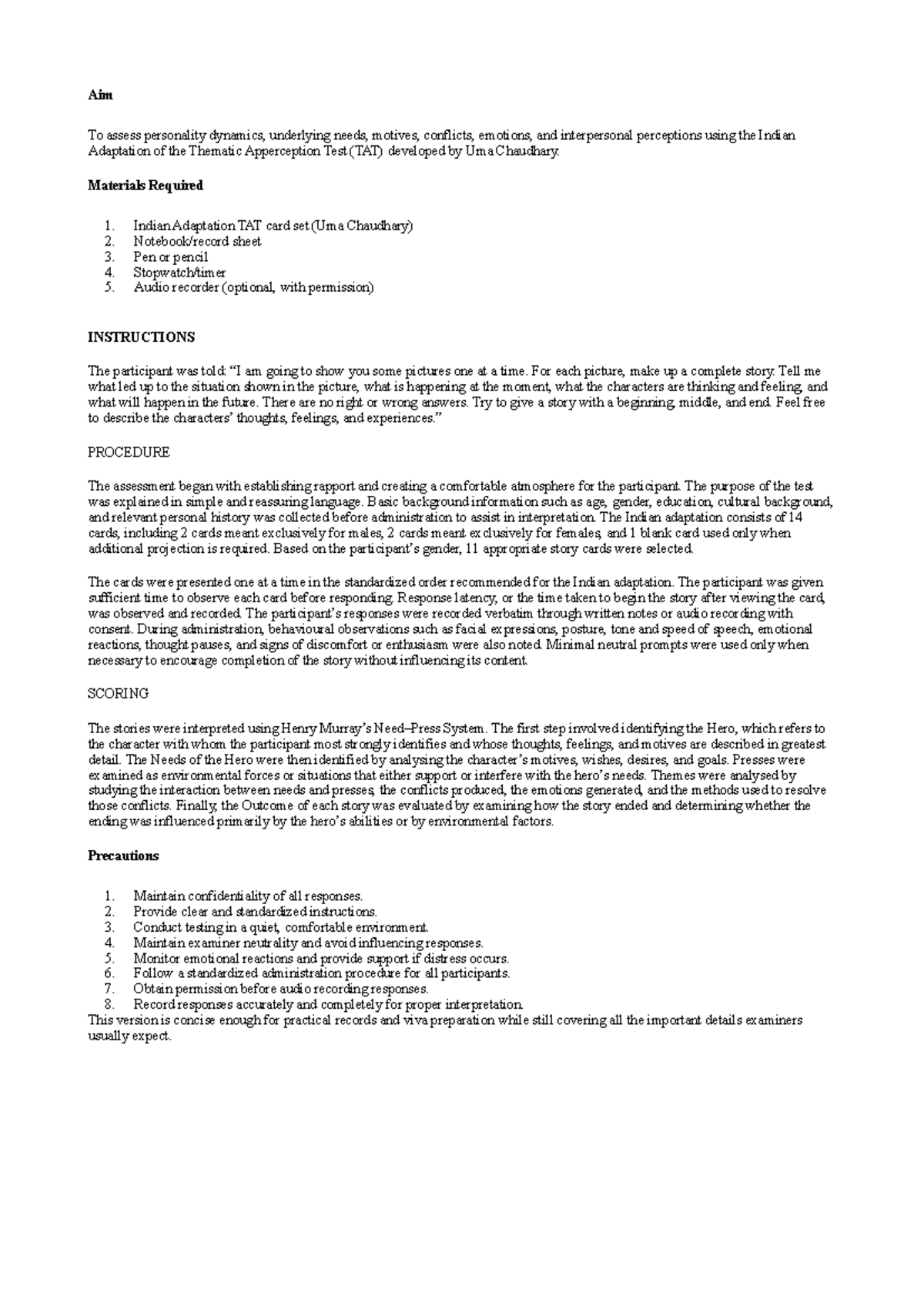 TAT Administration Plan: Procedure & Scoring Guidelines - Studocu