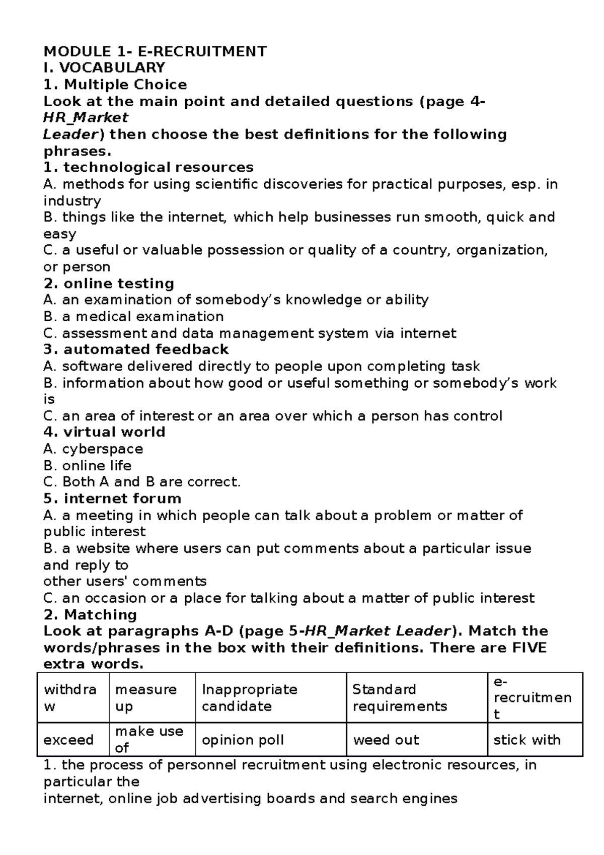 Module-1: E-Recruitment Vocabulary & Exercises (HR-101) - Studocu