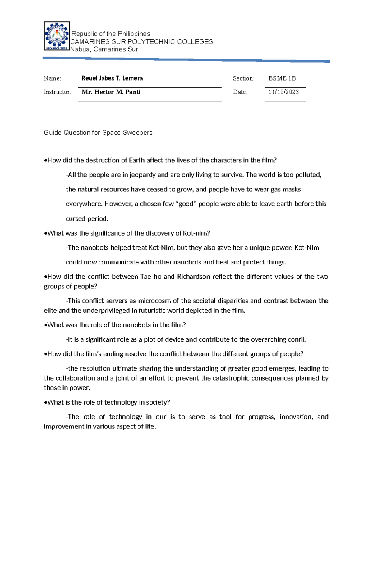 I, Robot (BSME 1B - Movie Analysis and Reflection on Themes) - Studocu