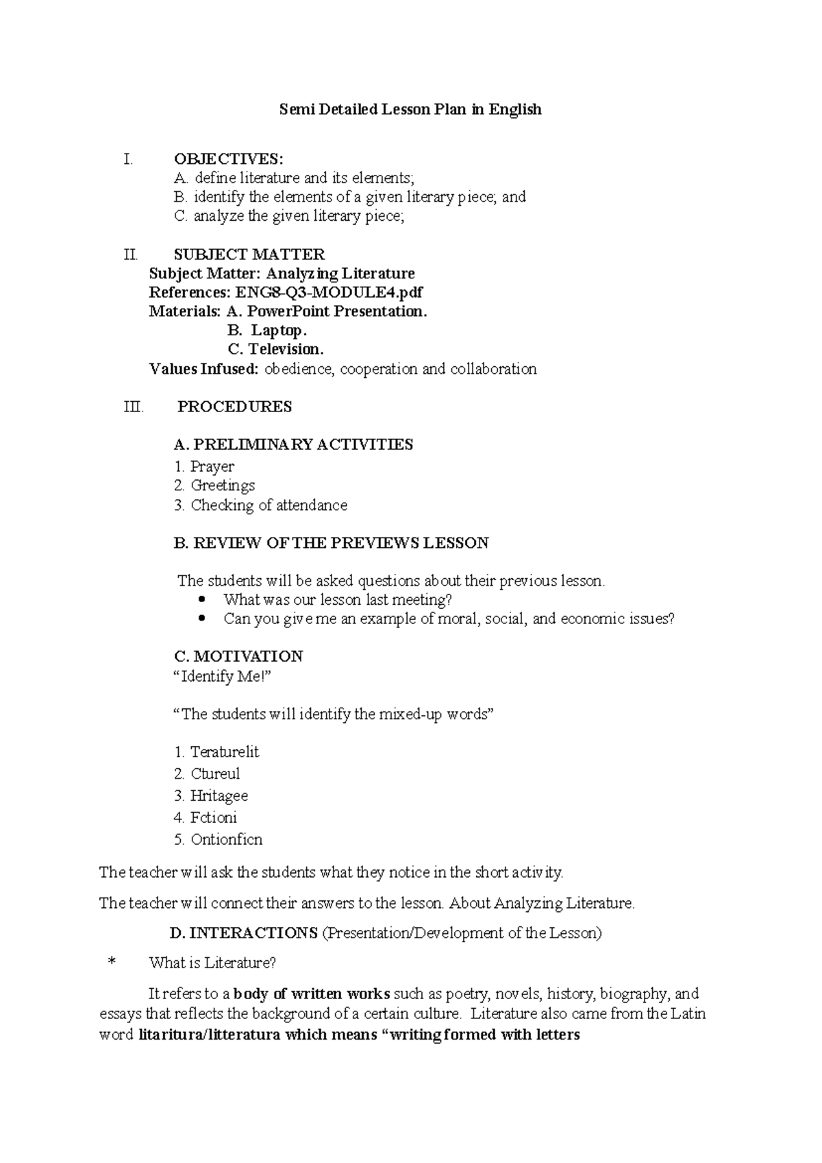 Semi-Detailed Lesson Plan: Analyzing Literature (Eng I) - Studocu
