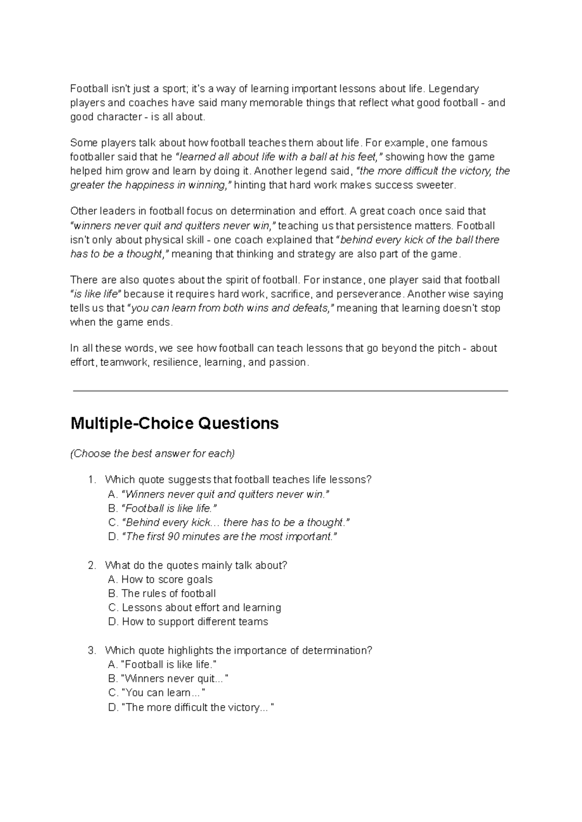 Year 8 Reading Comp: Life Lessons from Football - Studocu