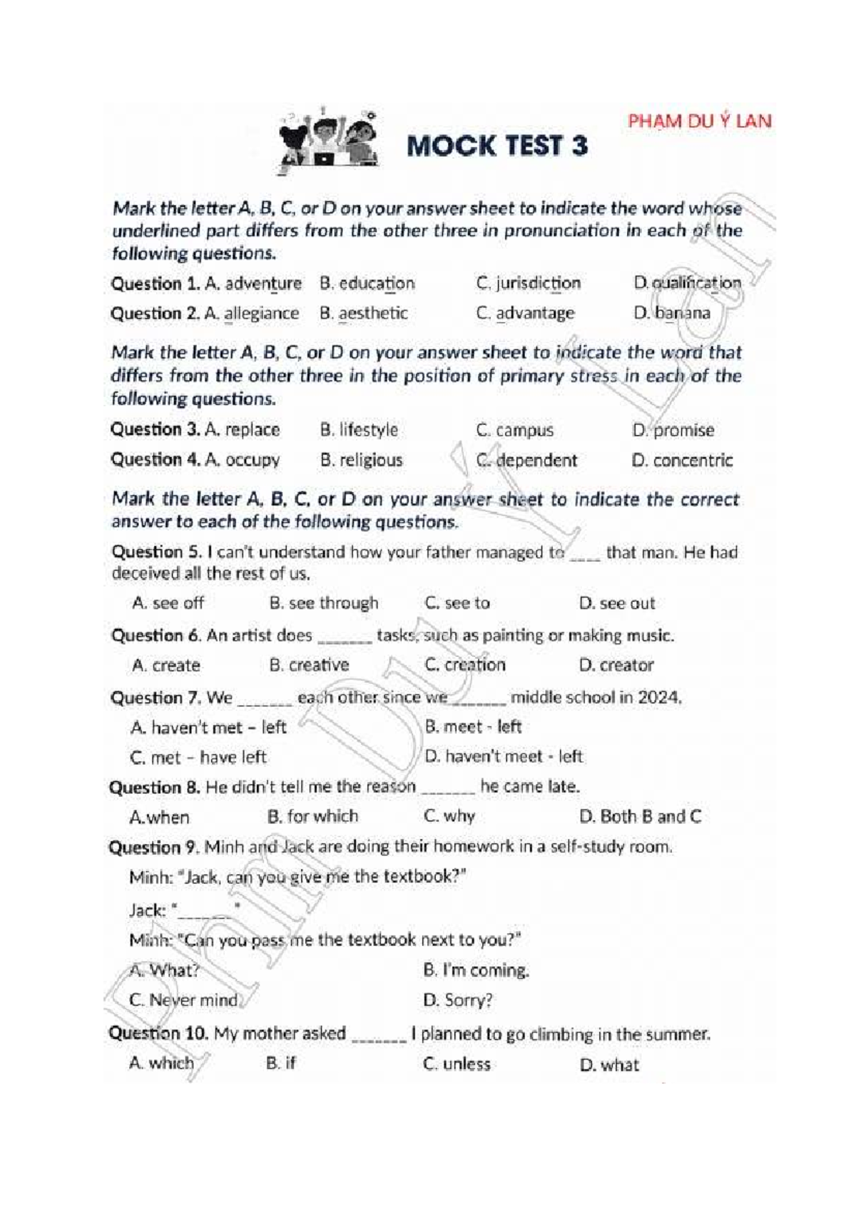 PHAM DU Y LAN MOCK TEST 3: Pronunciation and Vocabulary Practice - Studocu