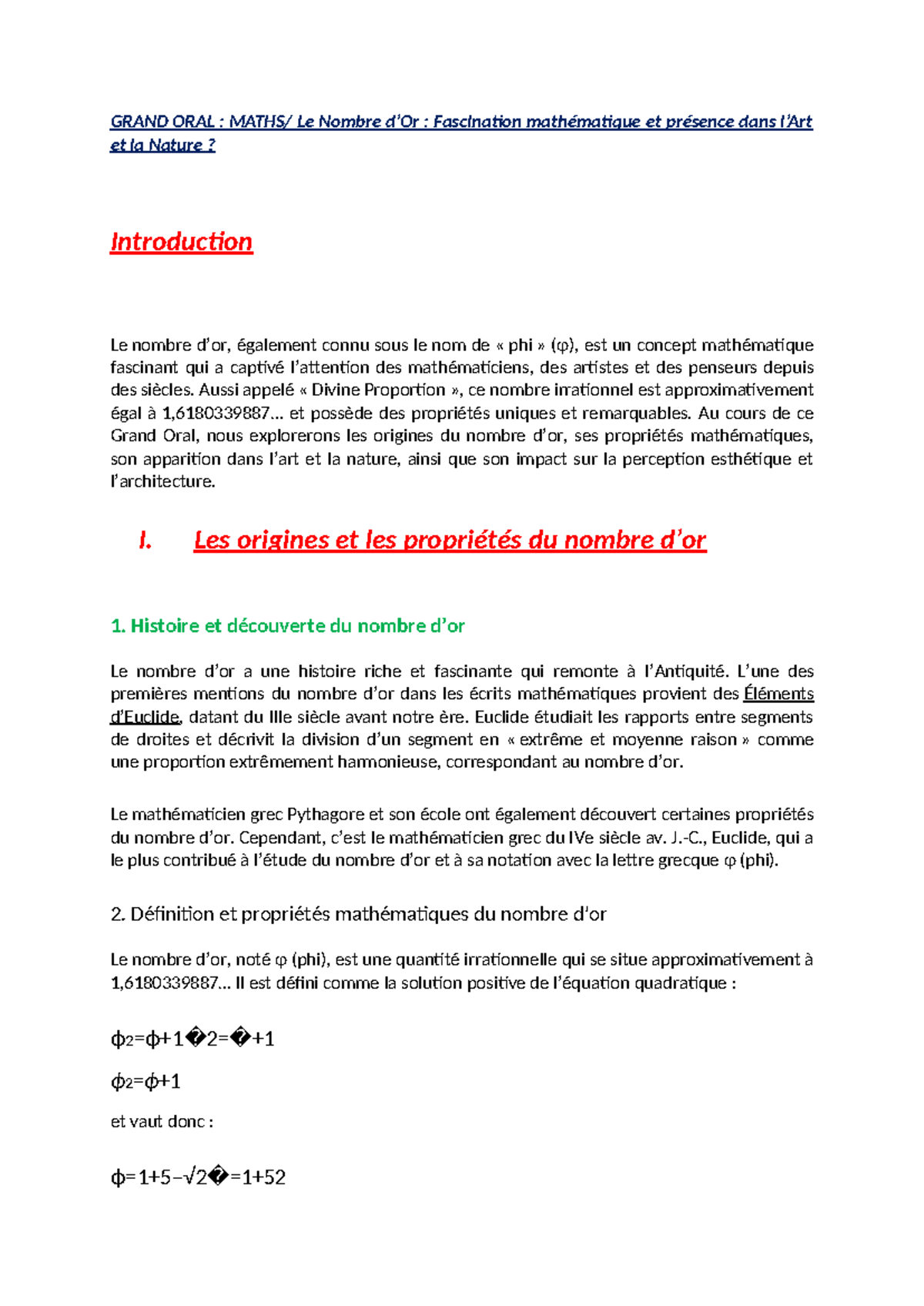 Grand ORAL: MATHS - Le Nombre d'Or dans l'Art et la Nature 2024 - Studocu