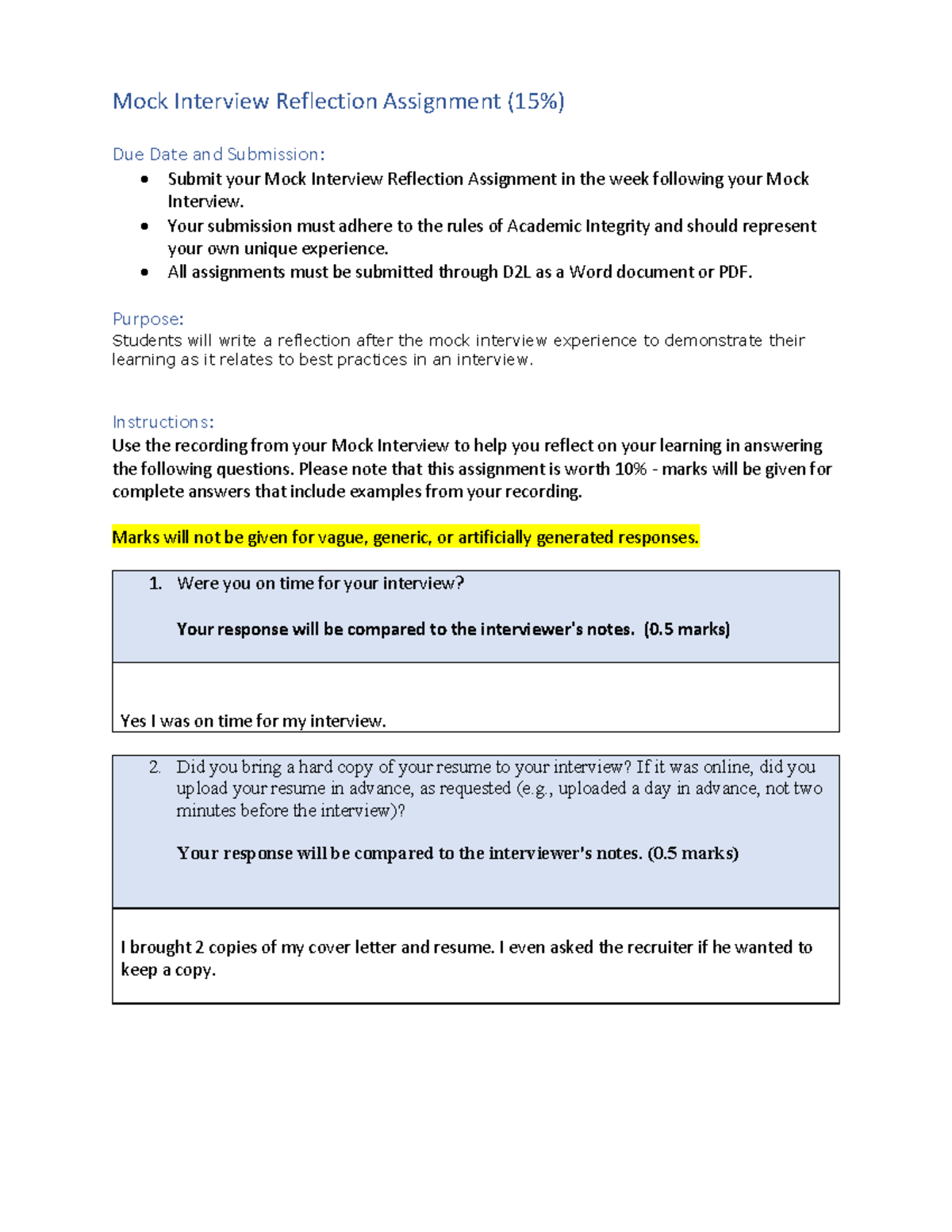 Mock Interview Reflection Assignment - Your submission must adhere to the rules of Academic ...