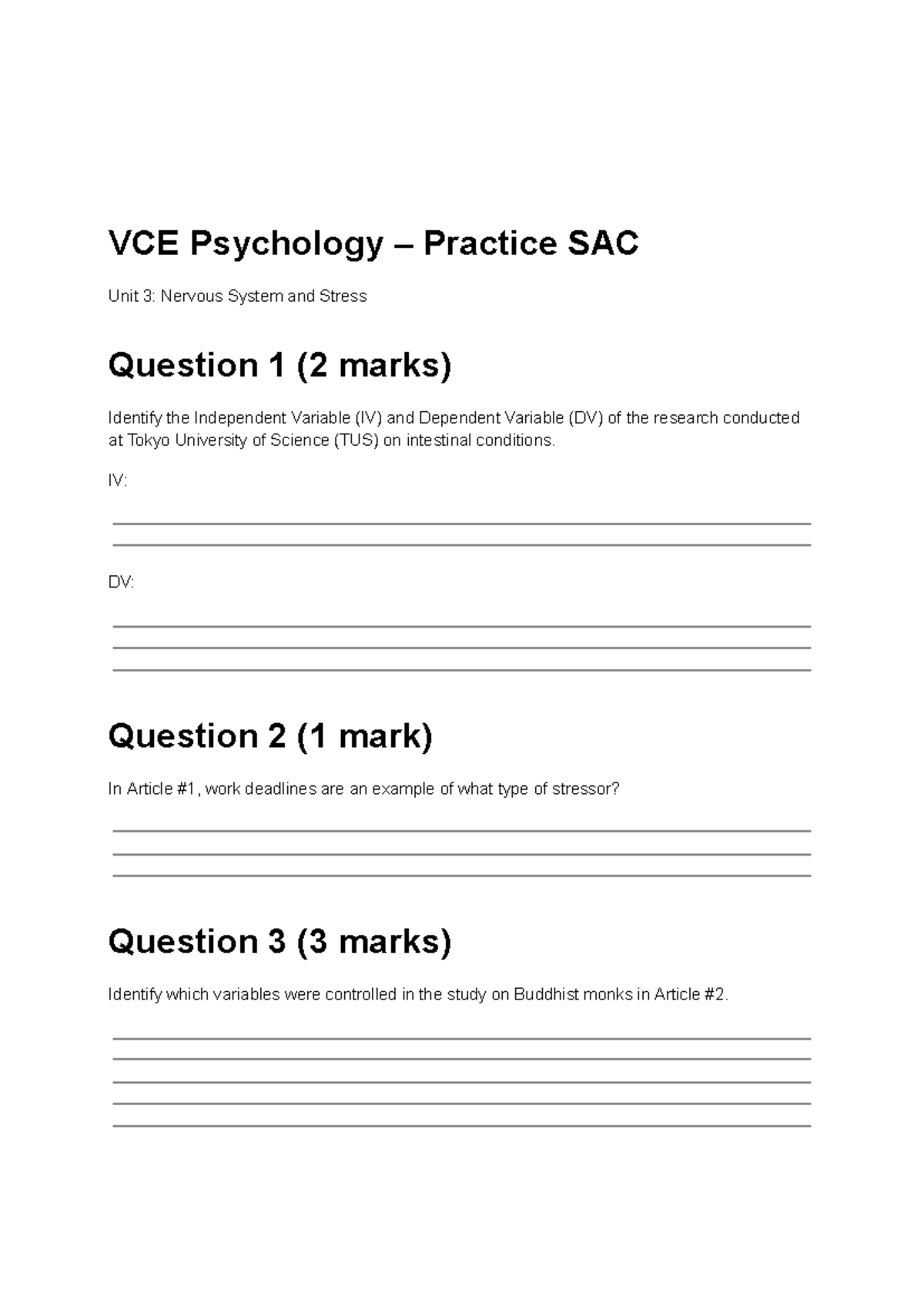 VCE Psychology Unit 3: Nervous System & Stress Practice SAC - Studocu
