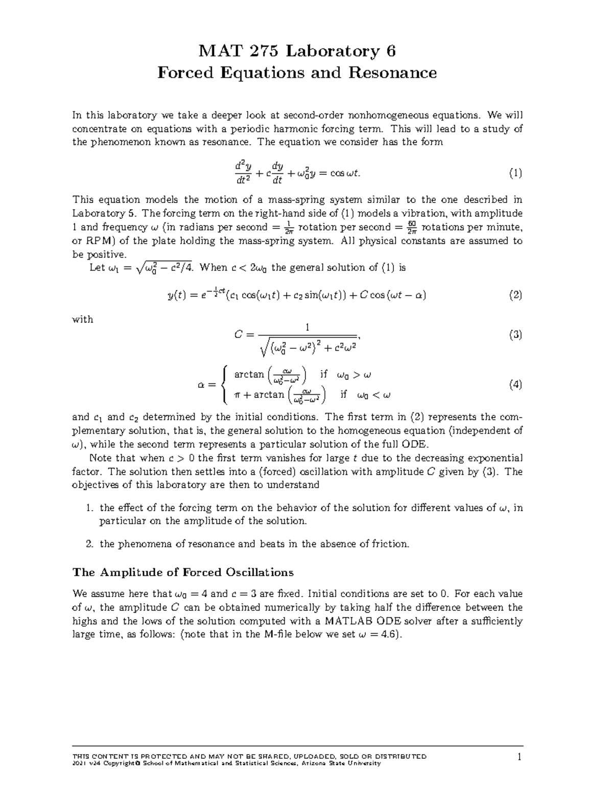 MAT 275 Lab 6: Forced Oscillations, Resonance, and Beats in MATLAB - Studocu