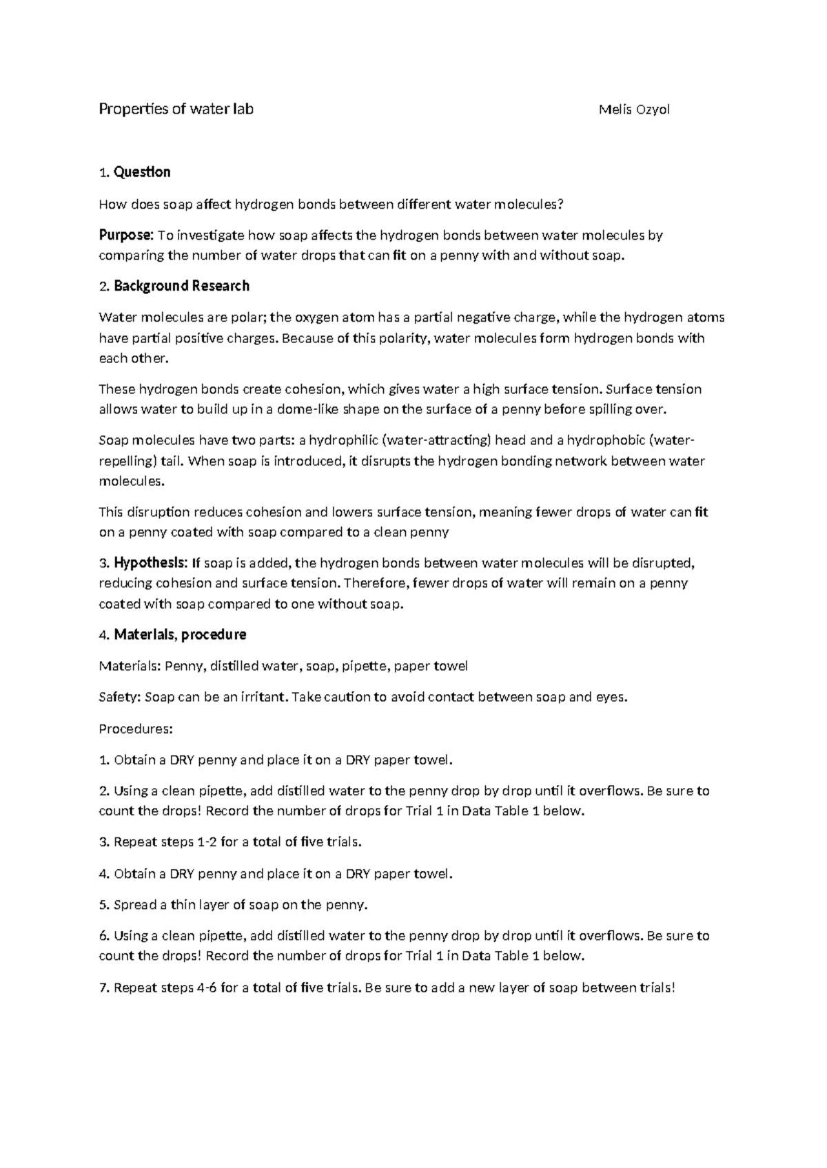 Properties of Water Lab 2: Effects of Soap on Surface Tension - Studocu