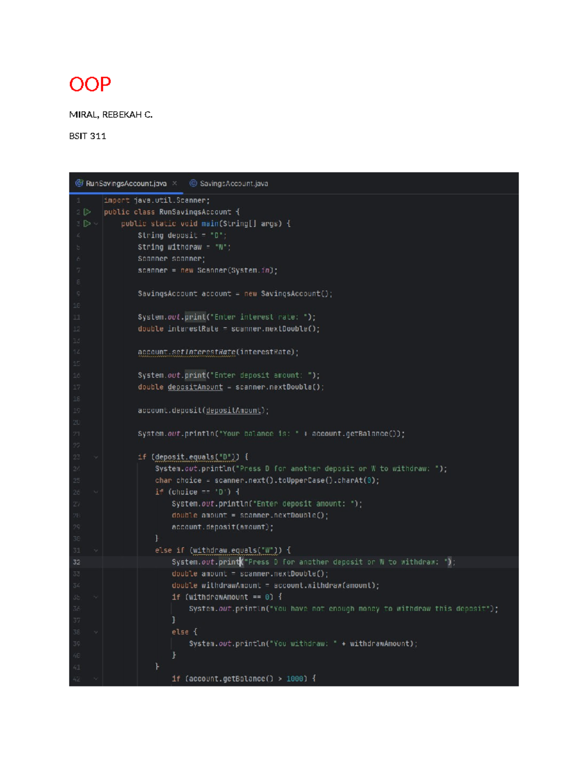 Lab Exercise: OOP BSIT 311 C - RunSavingsAccount.java Implementation - Studocu