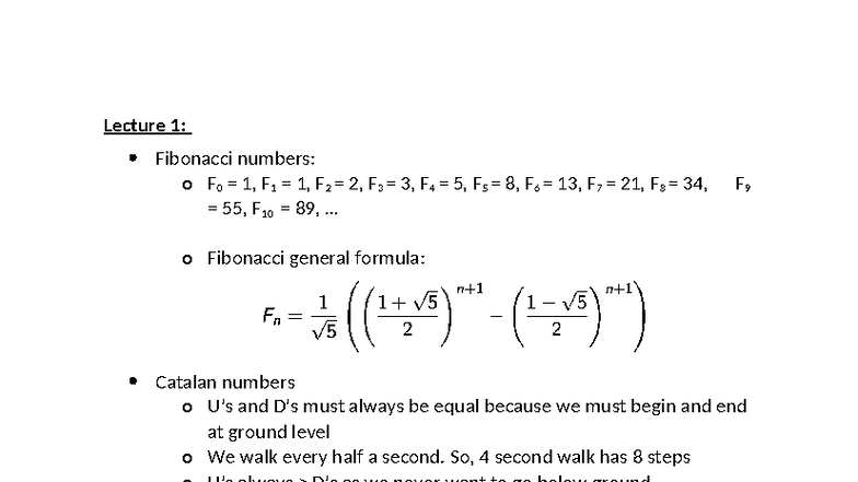 Lecture 1: Fibonacci & Catalan Numbers Explained - Studocu
