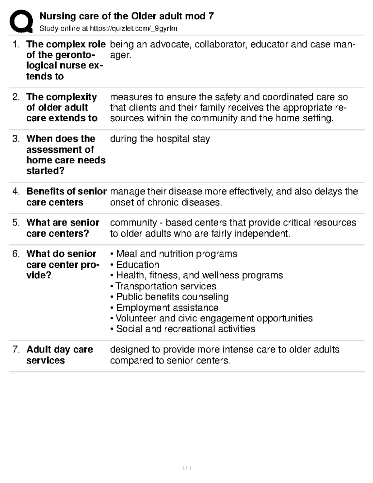Quiz 07: Nursing Care of the Older Adult (NCOA) Study Notes - Studocu