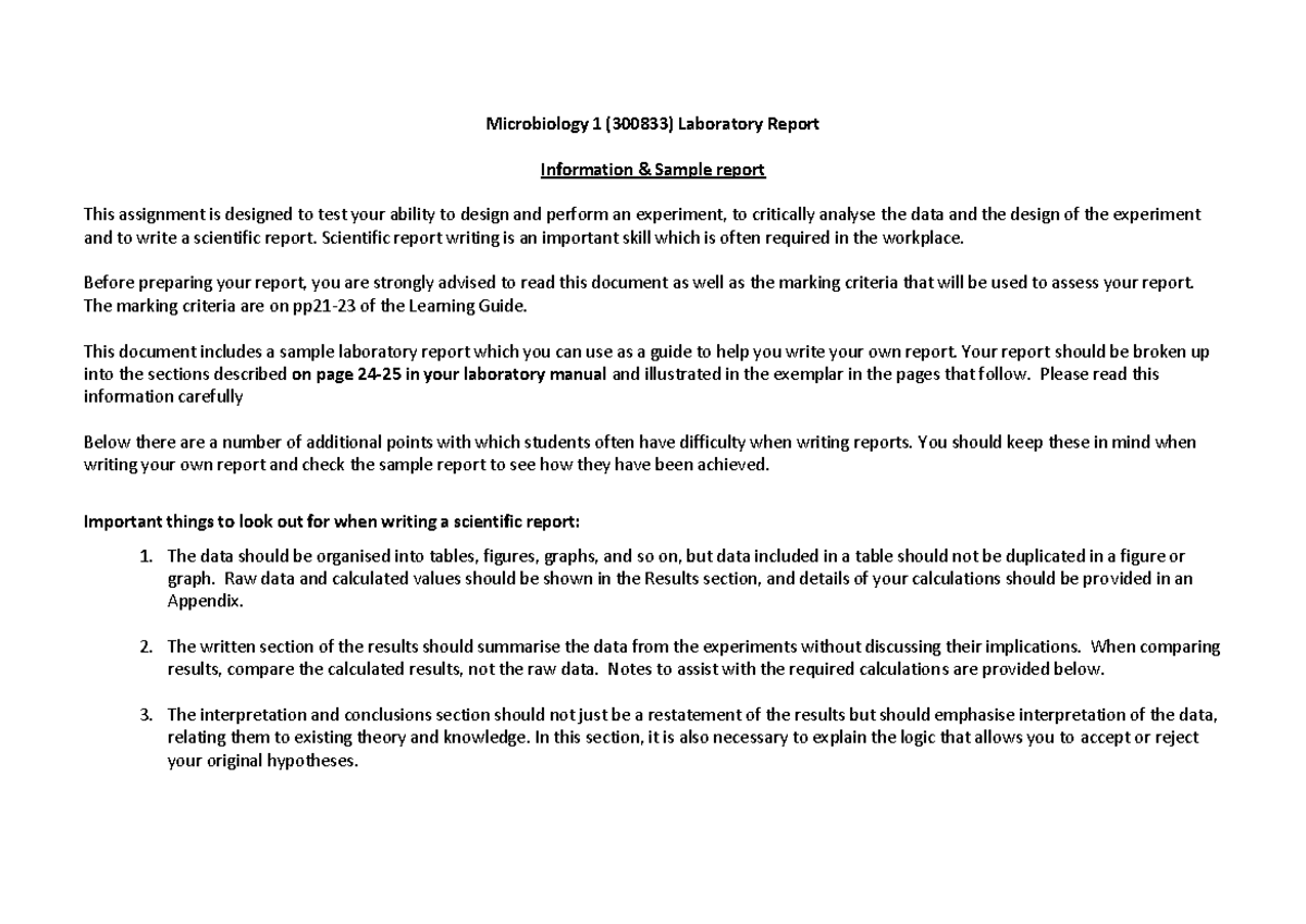 Practical - lab report guideline and sample report - Microbiology 1 ...