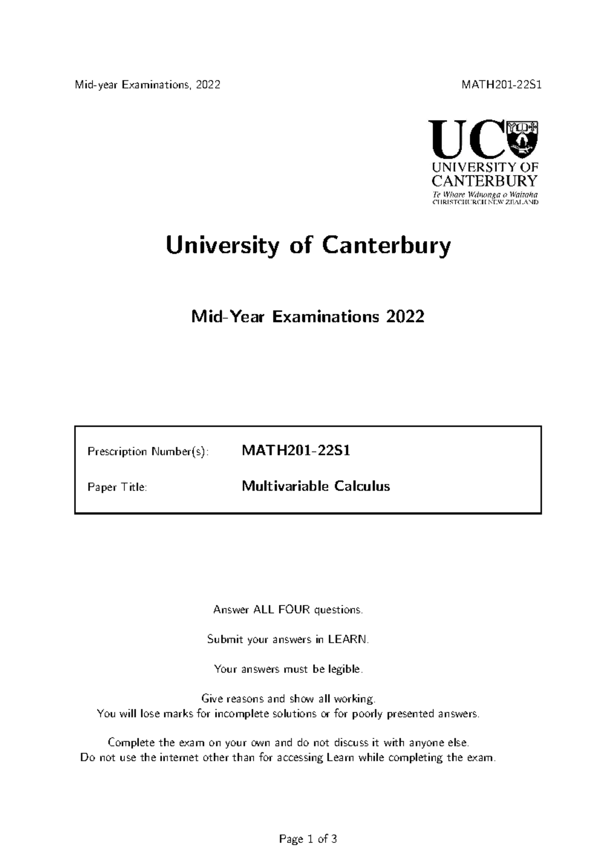 MATH201 2022 Final Exam Questions on Multivariable Calculus - Studocu