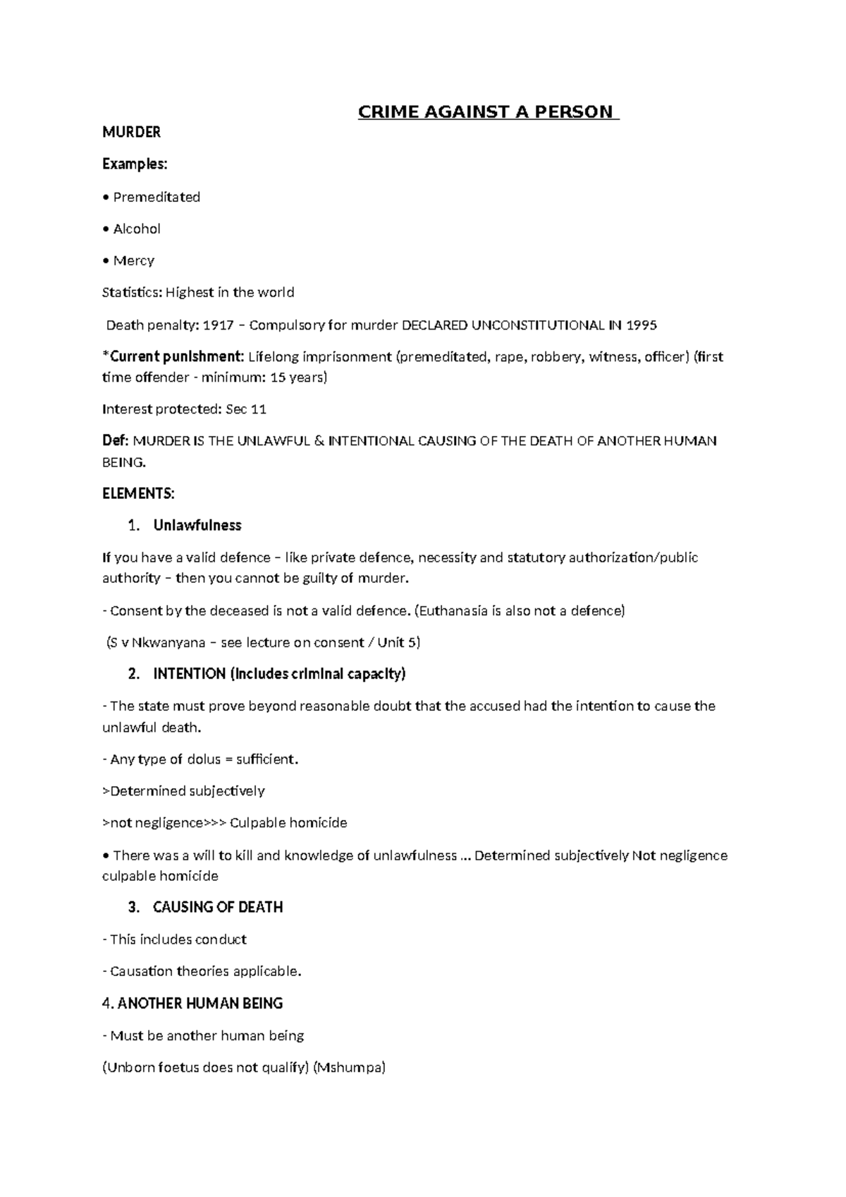 Criminal Law Notes: MURDER, ASSAULT, RAPE & WITCHCRAFT (CL 101) - Studocu