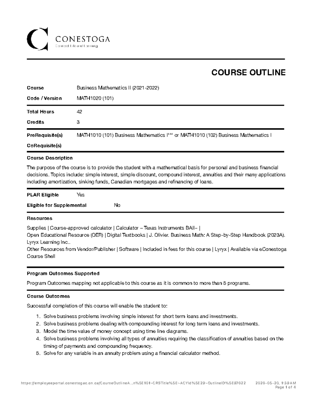 Course Outline - MATH1020 (101) - Business Mathematics II Overview ...